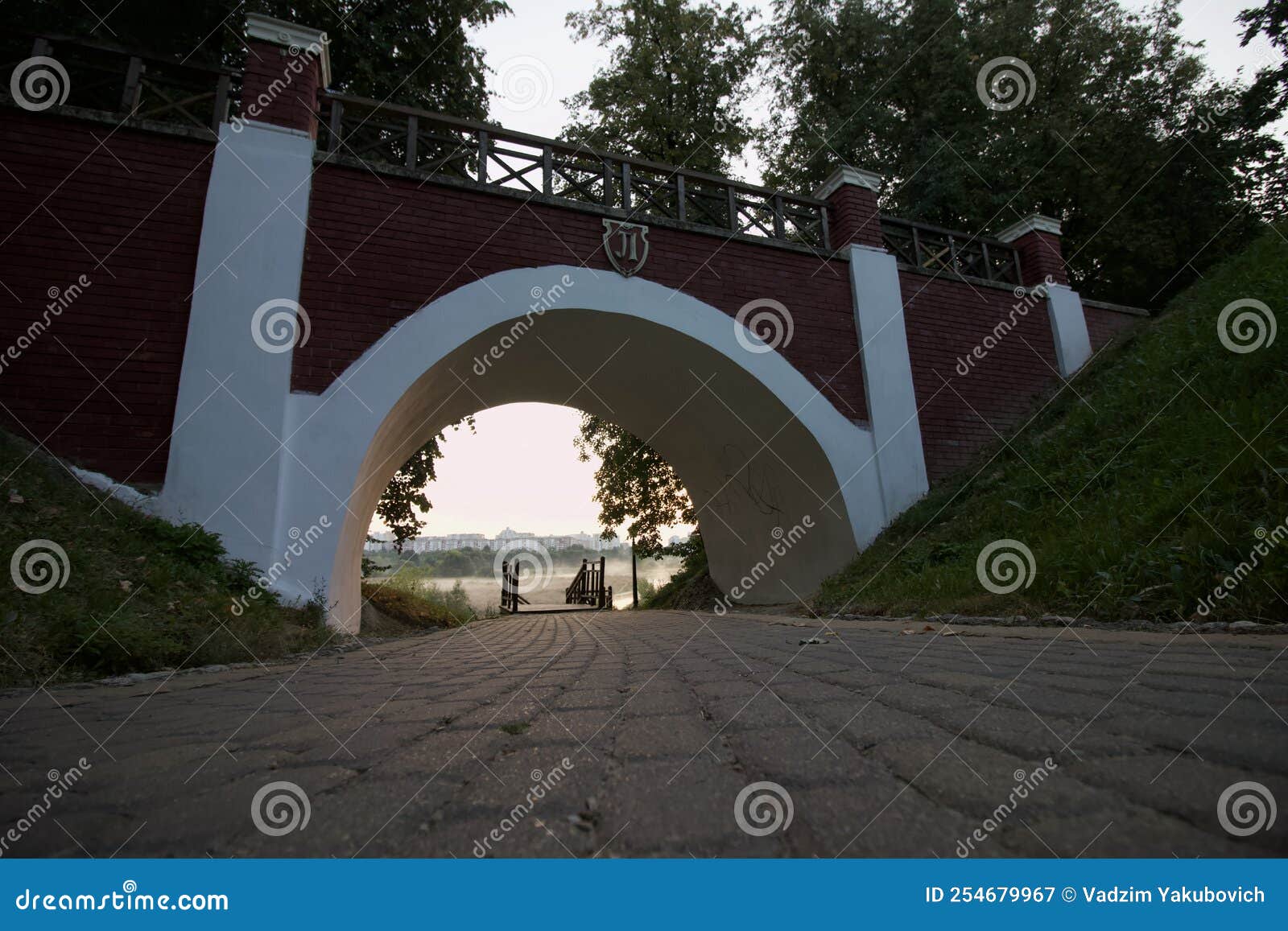 Pedestrian Bridge with an Arch in the City Park. the Camera Installed ...