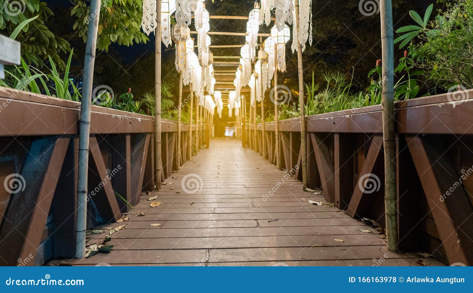 Pedestrian Bridge with Lanterns Hanging Stock Photo - Image of lamp ...