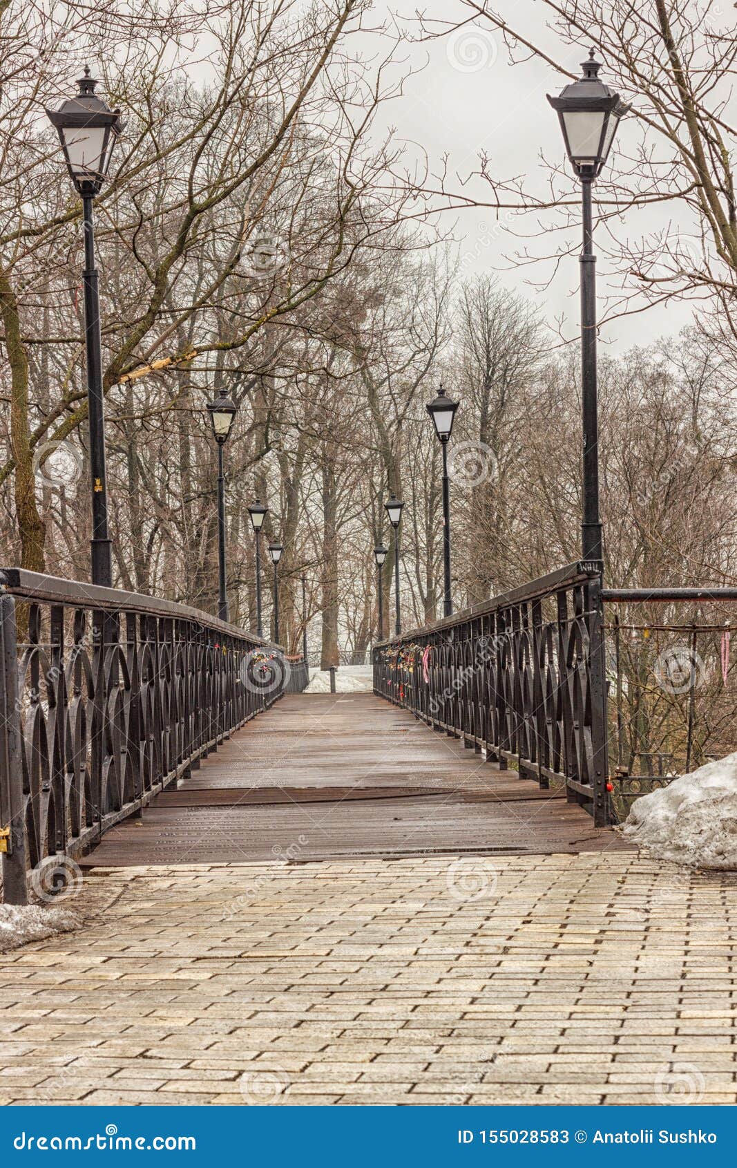 Pedestrian Bridge with Lanterns, Surrounded by Trees, Winter Stock ...
