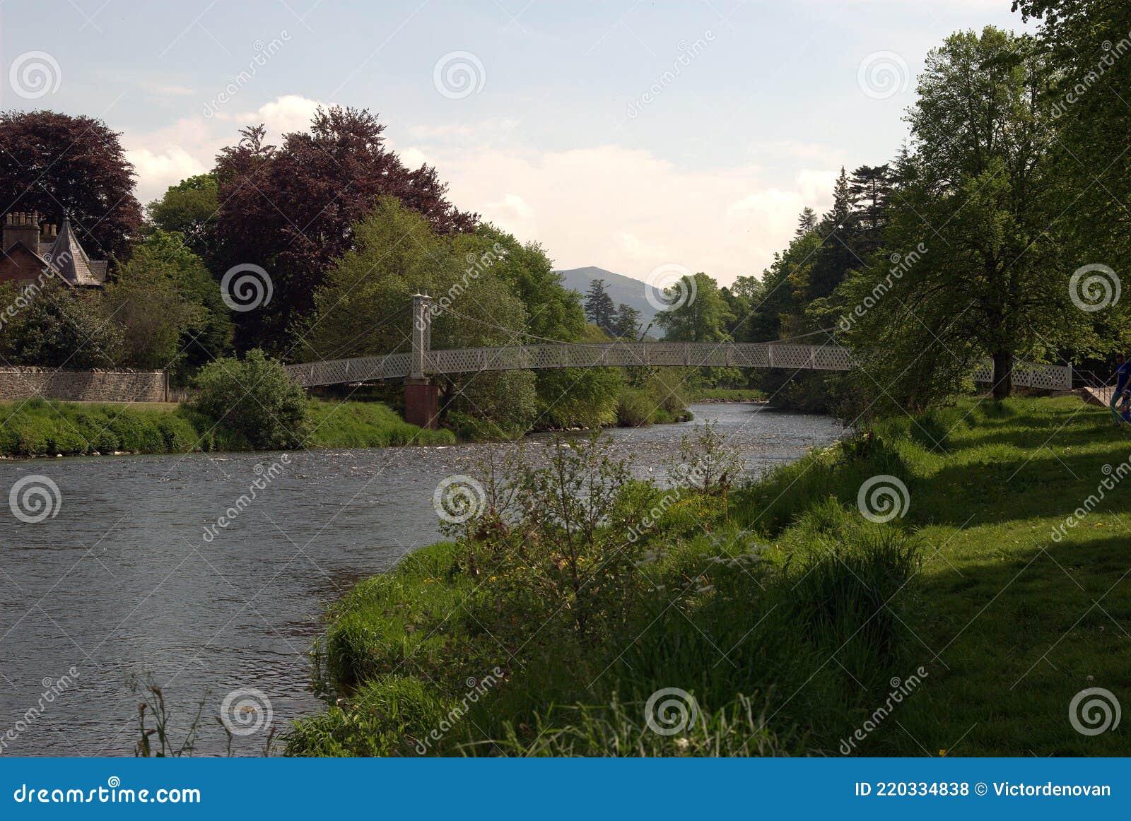 Pedestrian Bridge Over River Tweed at Peebles in Summer Stock Photo ...