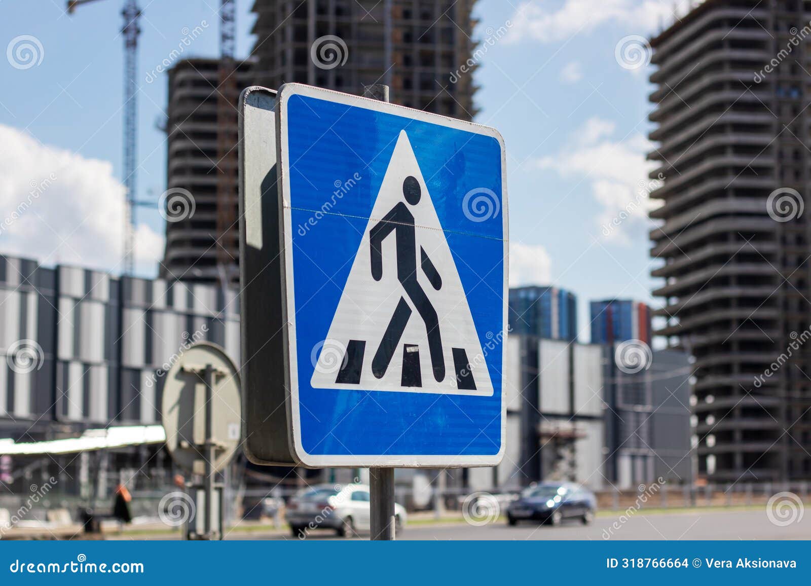 Pedestrian Crossing Sign in Front of Construction Site Stock Photo ...