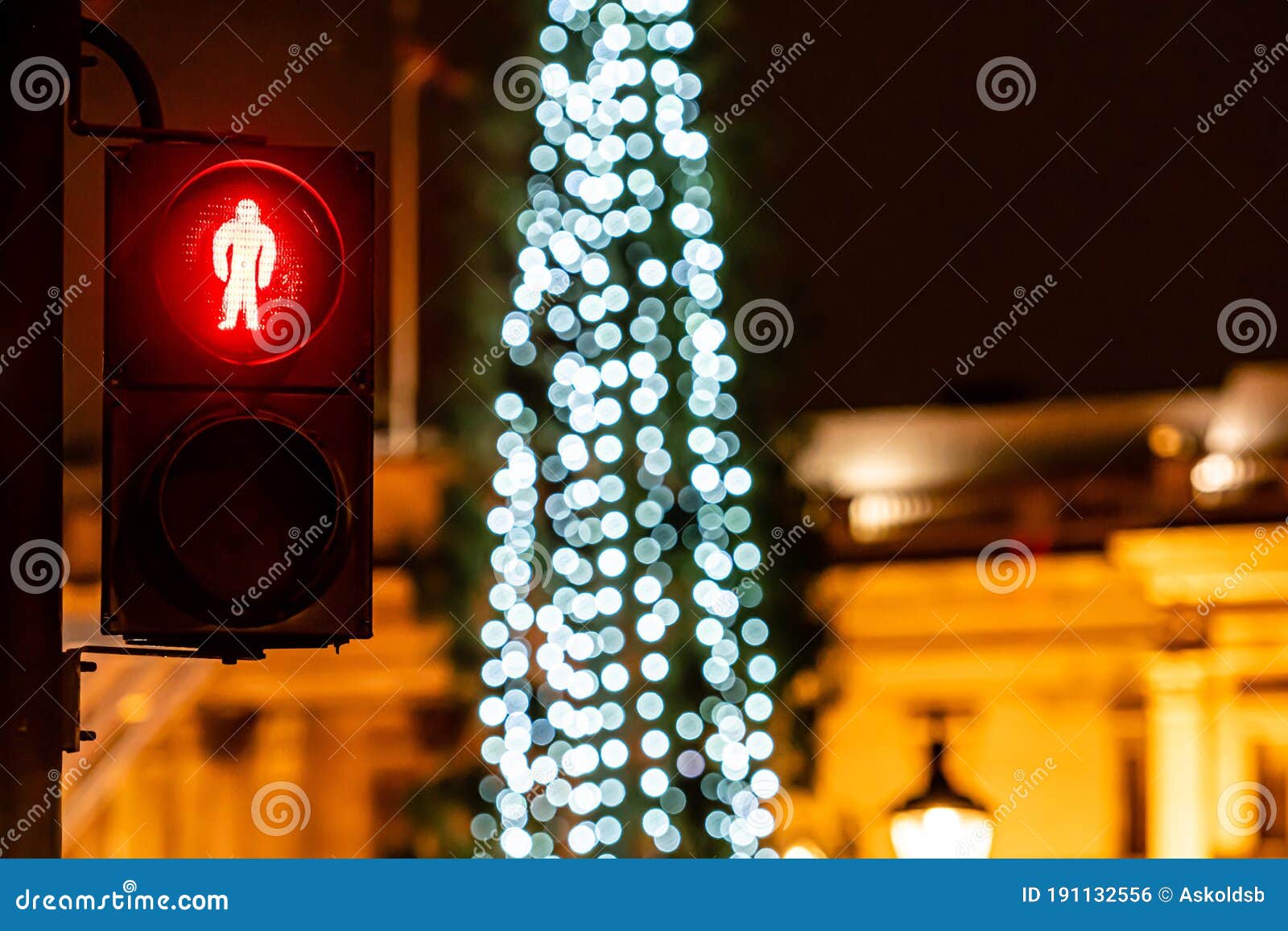 Pedestrian Semaphore with Red Light and Defocused Christmas Tree Lights ...