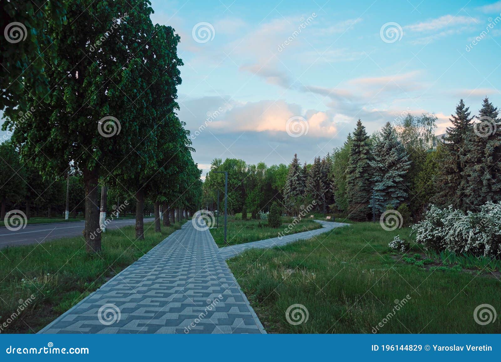 Pedestrian Sidewalk, Path at the Empty Street. Neighborhood Scenery ...