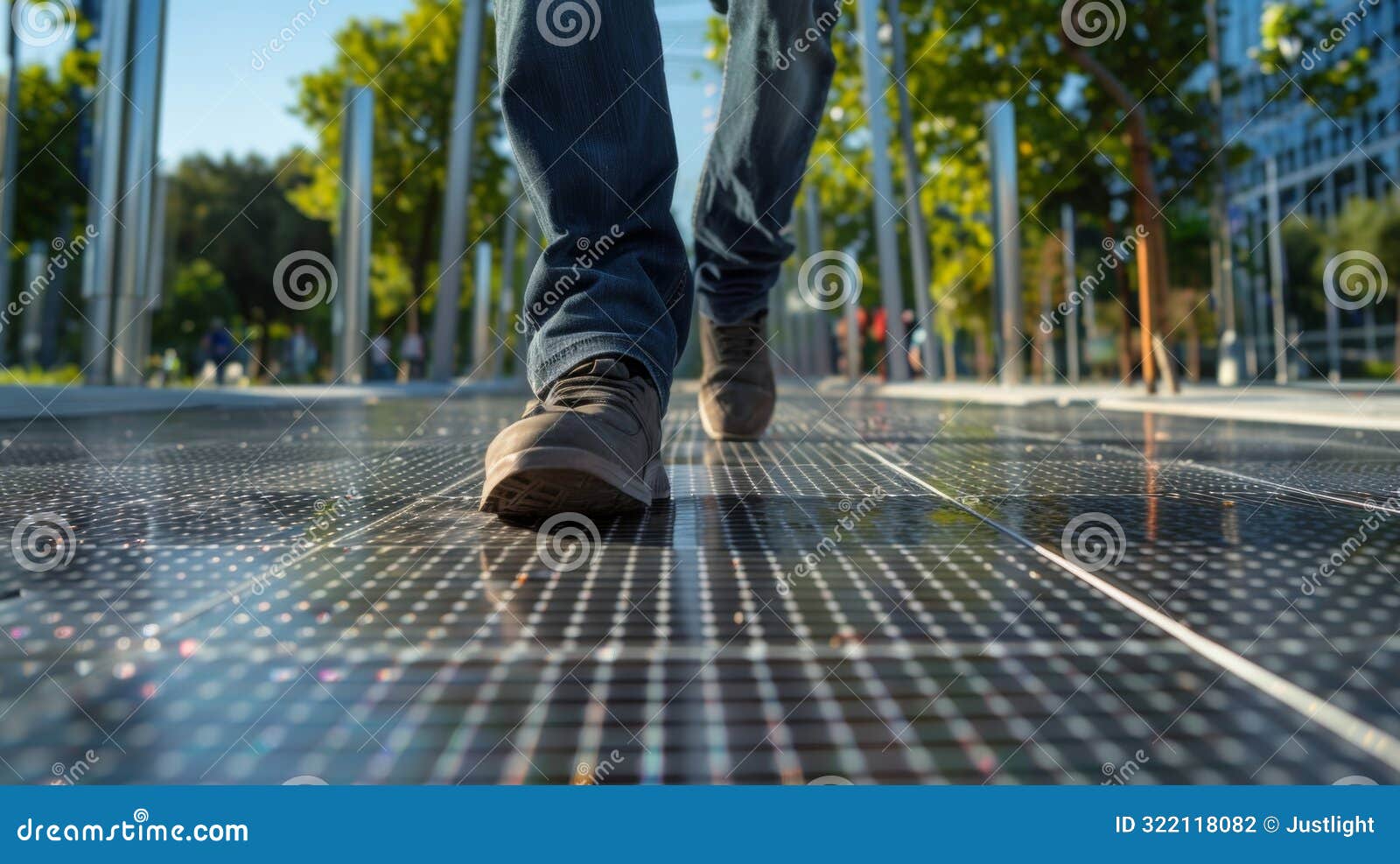 A Pedestrian Walking on a Sidewalk Made of Solar Roadway Panels Stock ...