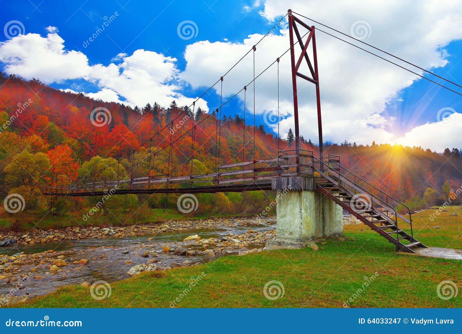 Pedestrian Wooden Bridge Over Mountain River Stock Image - Image of ...