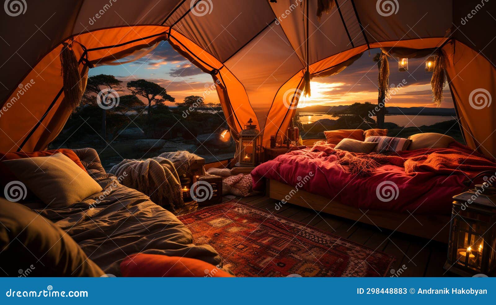 A Peek from Inside a Tent in Sunset Stock Illustration - Illustration ...