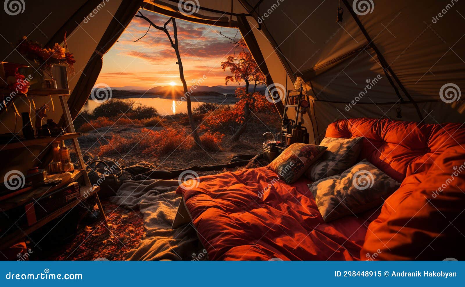 A Peek from Inside a Tent in Sunset Stock Illustration - Illustration ...