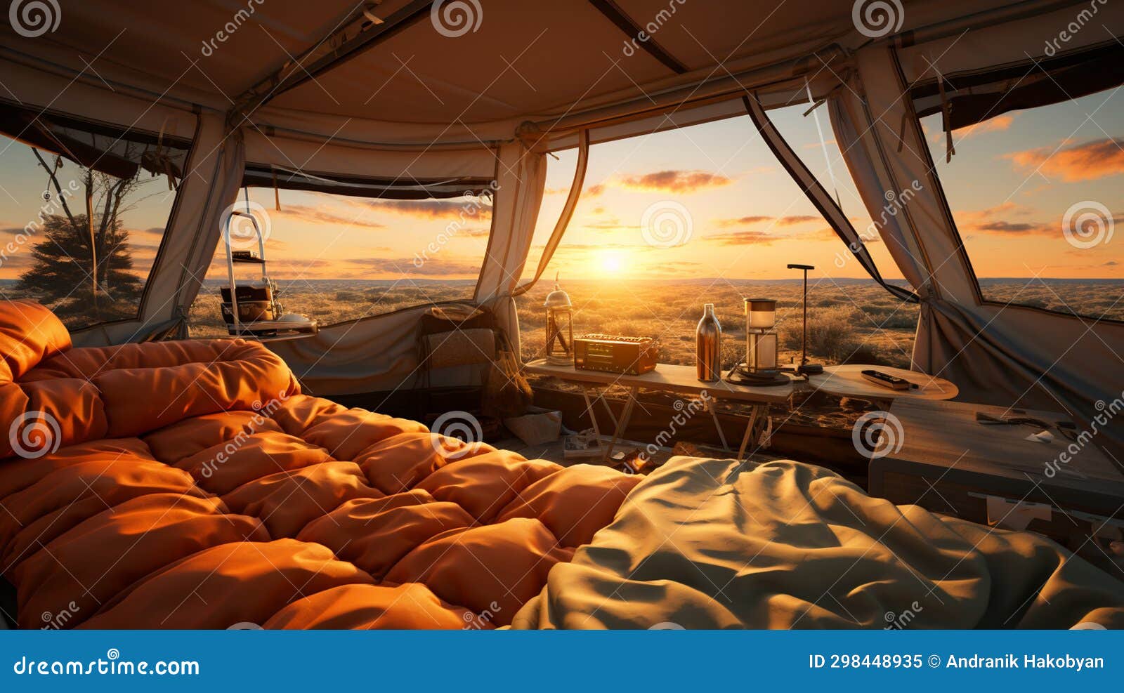 A Peek from Inside a Tent in Sunset Stock Illustration - Illustration ...