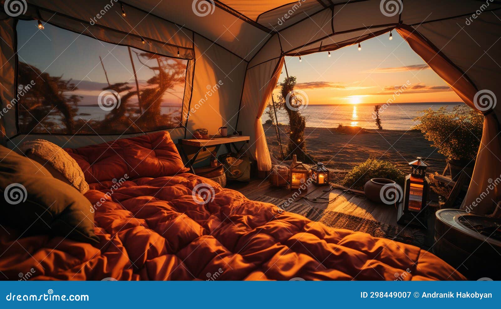 A Peek from Inside a Tent in Sunset Stock Illustration - Illustration ...