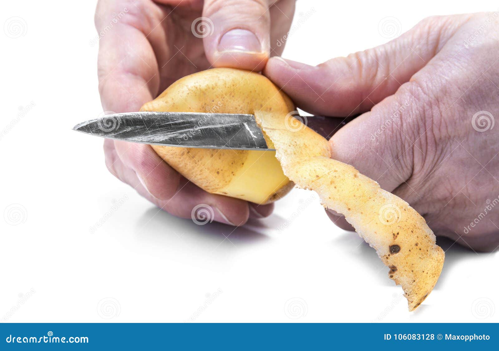 Peel of Potato Skin with Kitchen Knife on White. Stock Photo - Image of ...