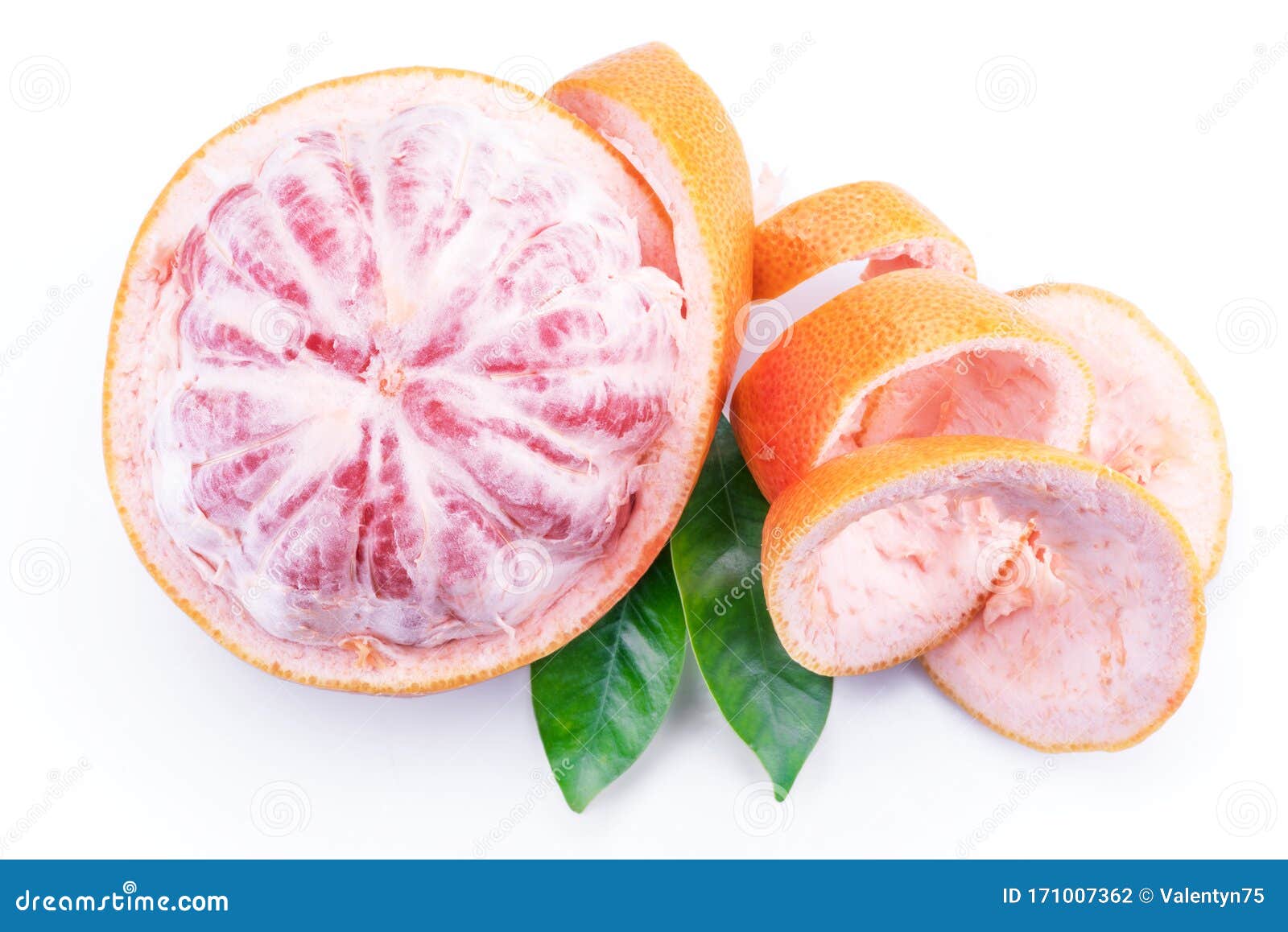Peeled Grapefruit with Green Leaves Isolated on White Background Stock ...