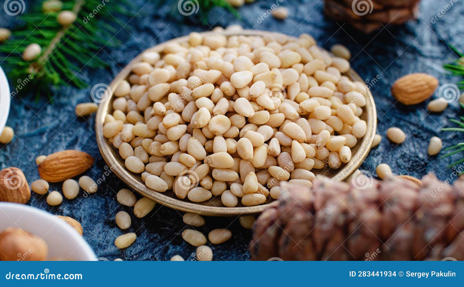 Peeled Pine Nuts Lie in Plate among Cones. Still Life of Pine Nut ...