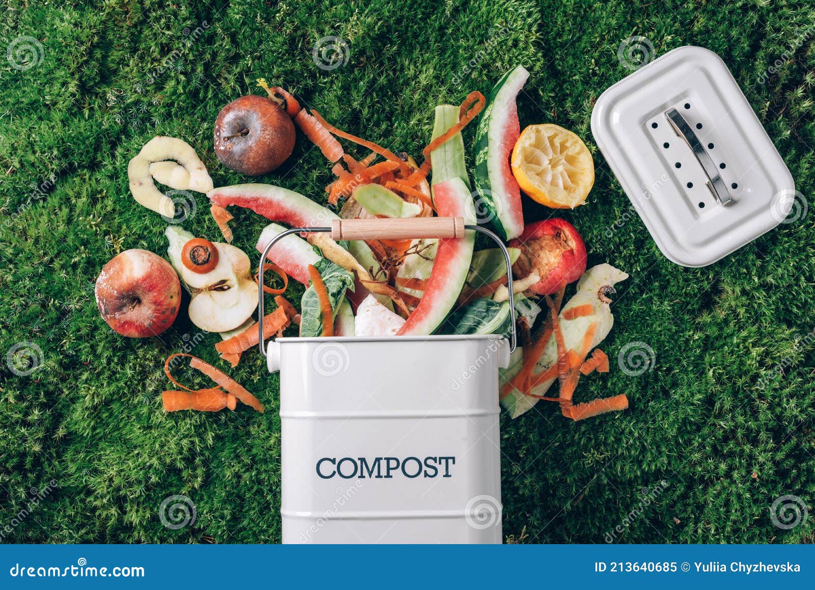 Trash Bin For Composting With Leftover From Kitchen On Blue Background ...