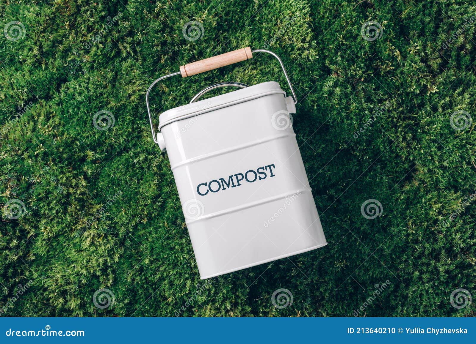 Trash Bin For Composting With Leftover From Kitchen On Blue Background ...