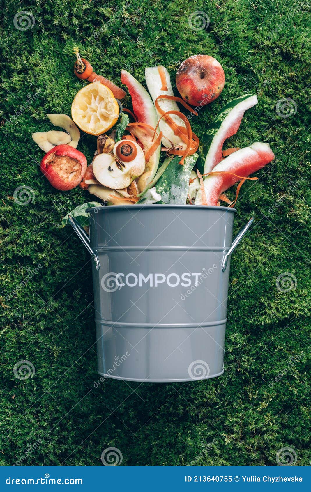 Trash Bin For Composting With Leftover From Kitchen On Blue Background ...