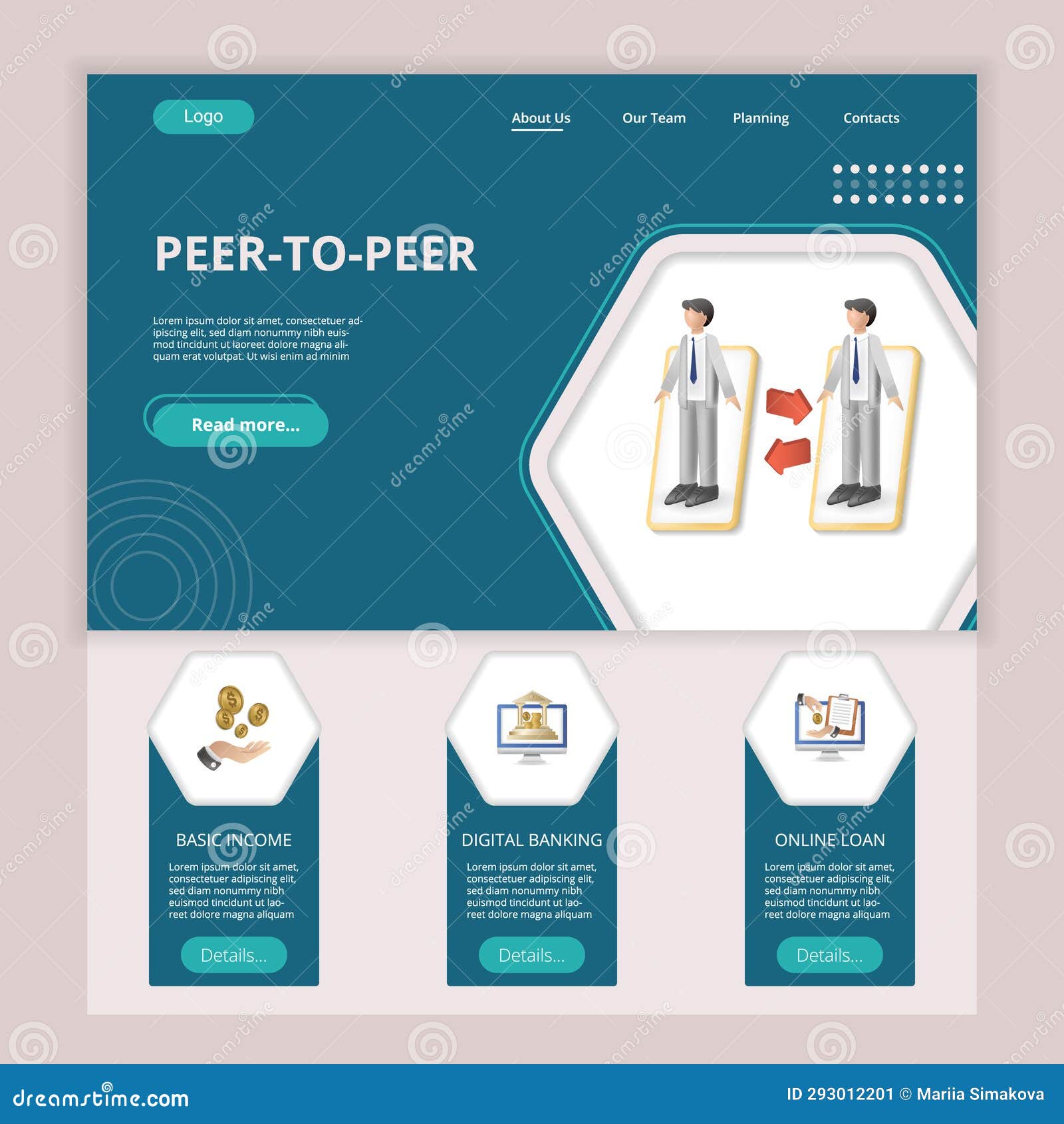 Peer-to-peer Flat Landing Page Website Template. Basic Income, Digital ...