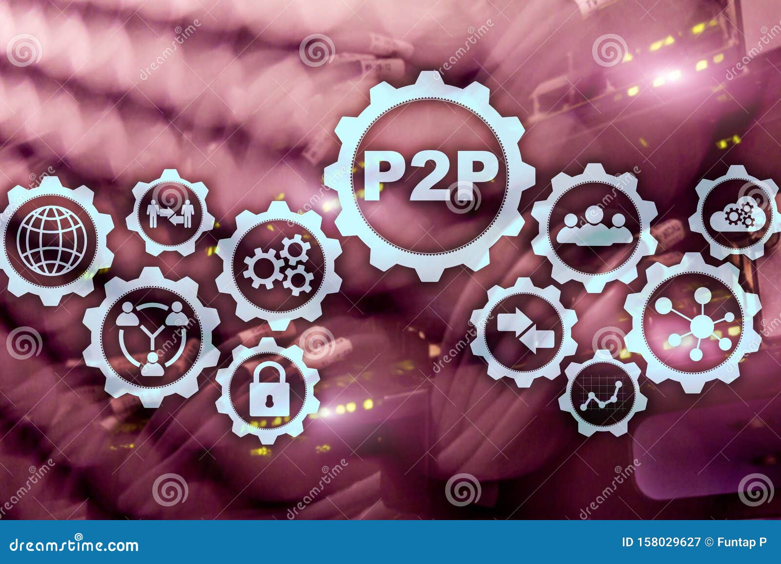 Peer To Peer. P2P on the Virtual Screen with a Server Room Background ...