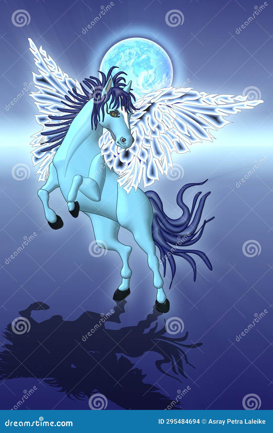 A Pegasus in Blue in Front of a Bright Full Moon Stock Illustration ...