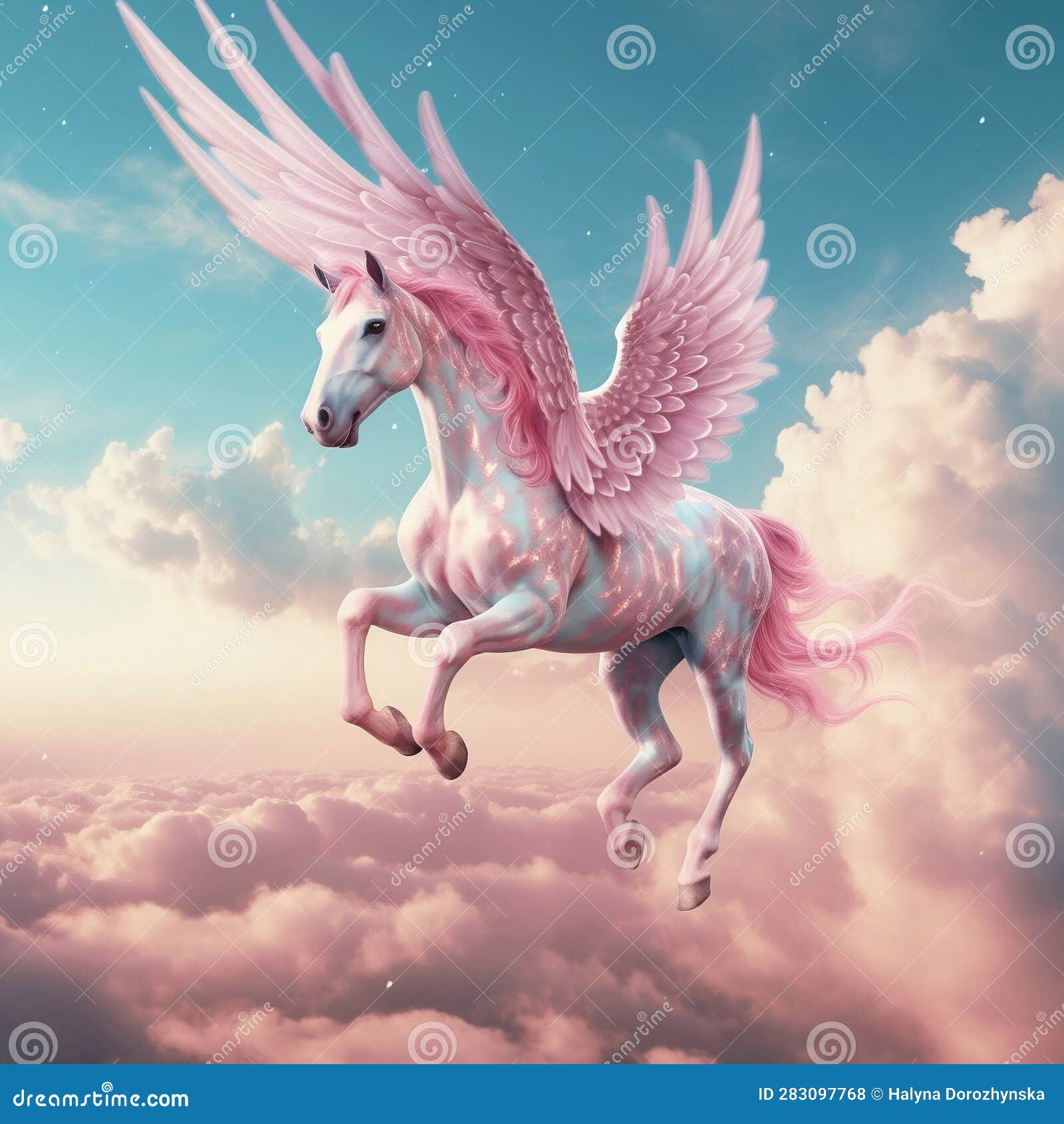Pegasus with Pink Wings Flies among the Clouds. AI Generated Image ...