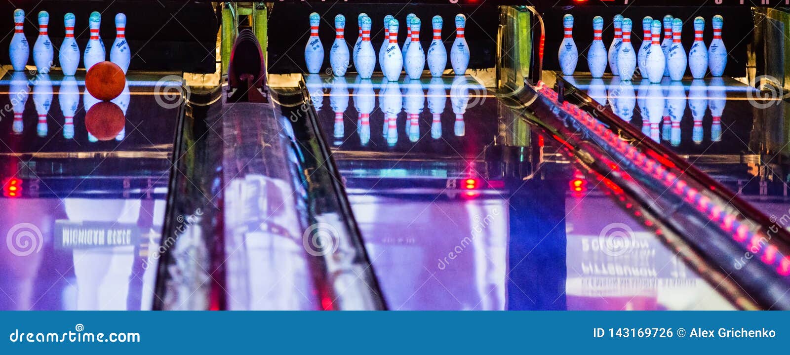 Pegs Set Up at the End of Bowling Row Stock Photo - Image of ...
