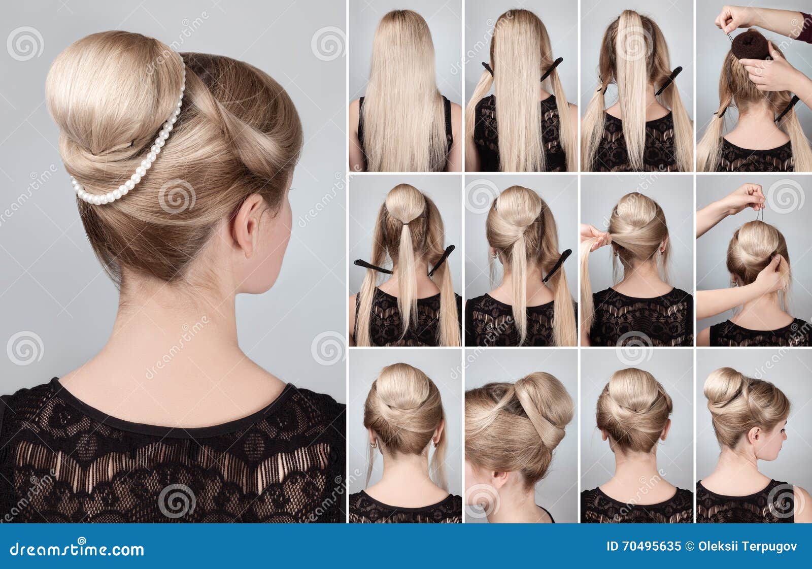 Peinado Con El Bollo Para El Tutorial Largo Del Pelo Imagen de archivo ...