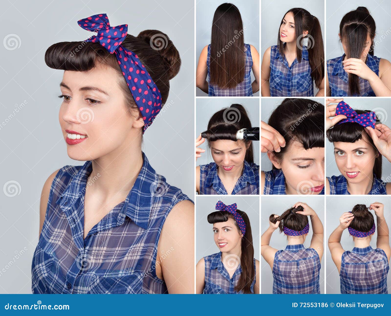 Peinado Para El Tutorial Retro Del Bollo Del Pelo Largo Foto de archivo ...