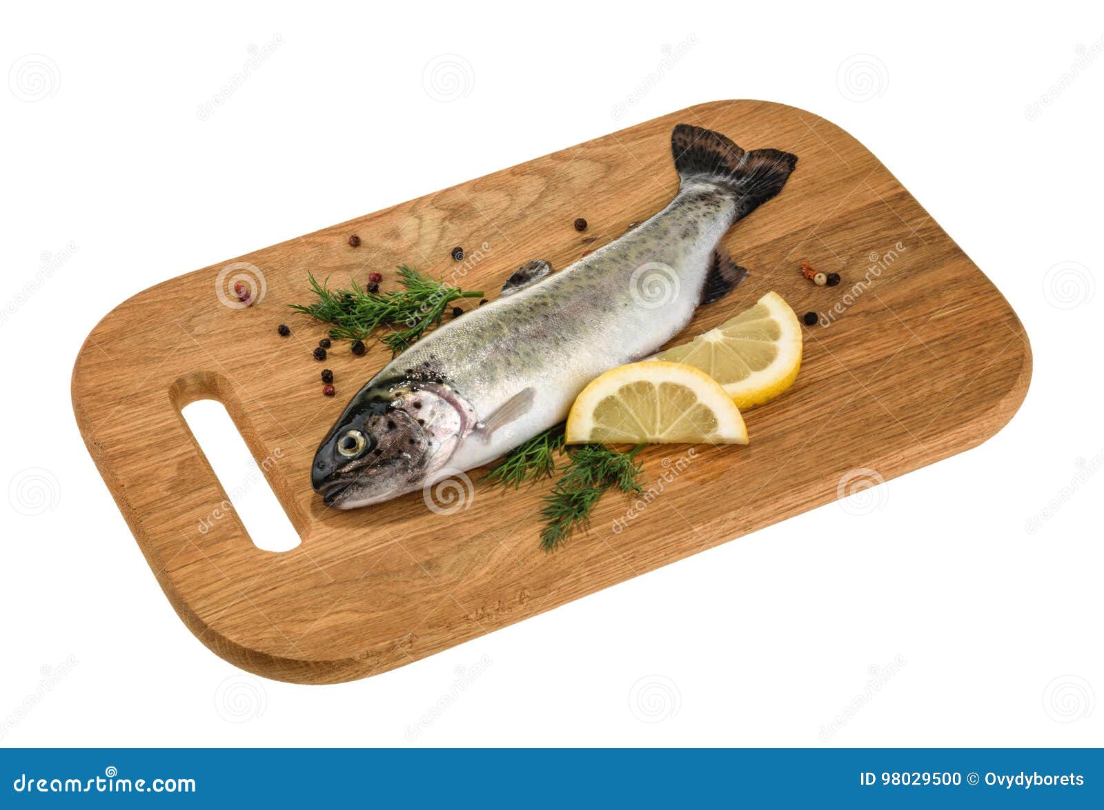 Peixes Da Truta Na Placa De Madeira Isolada Sem Sombra Foto de Stock ...