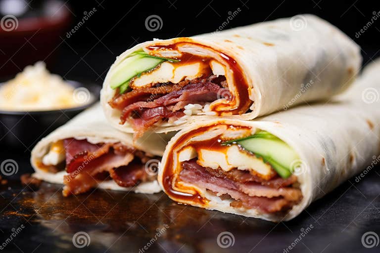 A Peking Duck Roll with a Bite Taken Stock Photo - Image of traditional ...