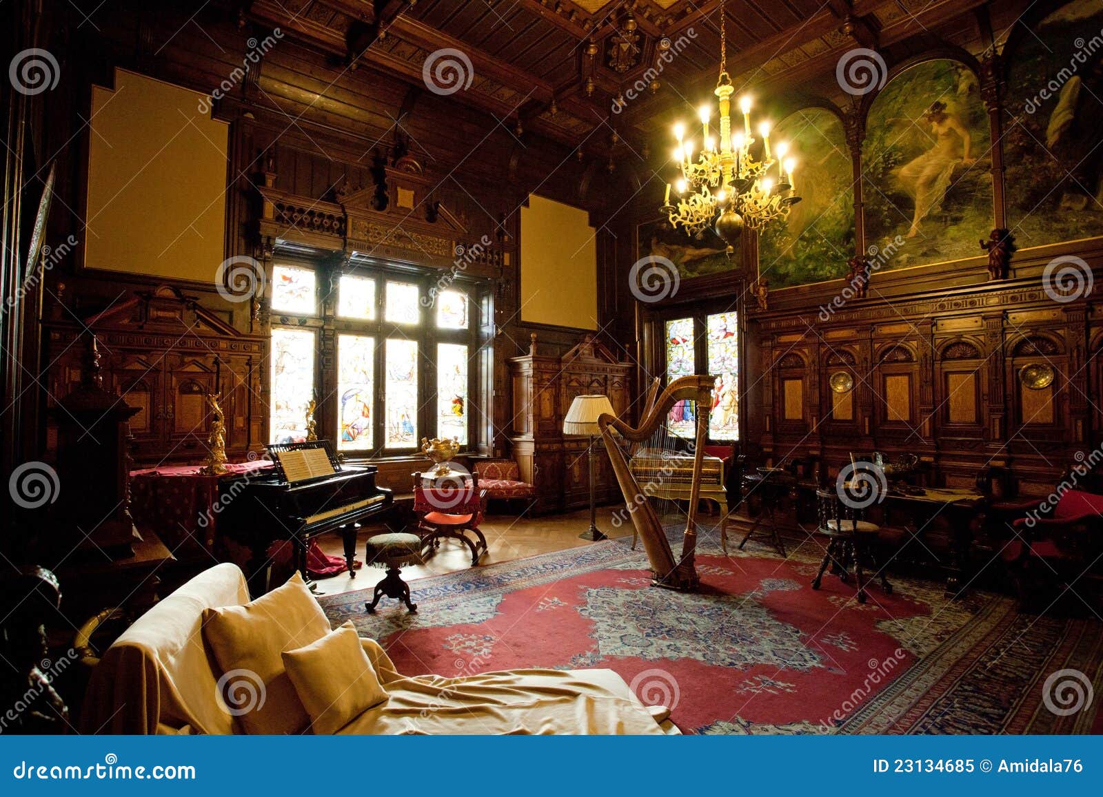 Castle Interior, Ceiling Arch, Leather Sofas For Guests, Grand Piano In ...