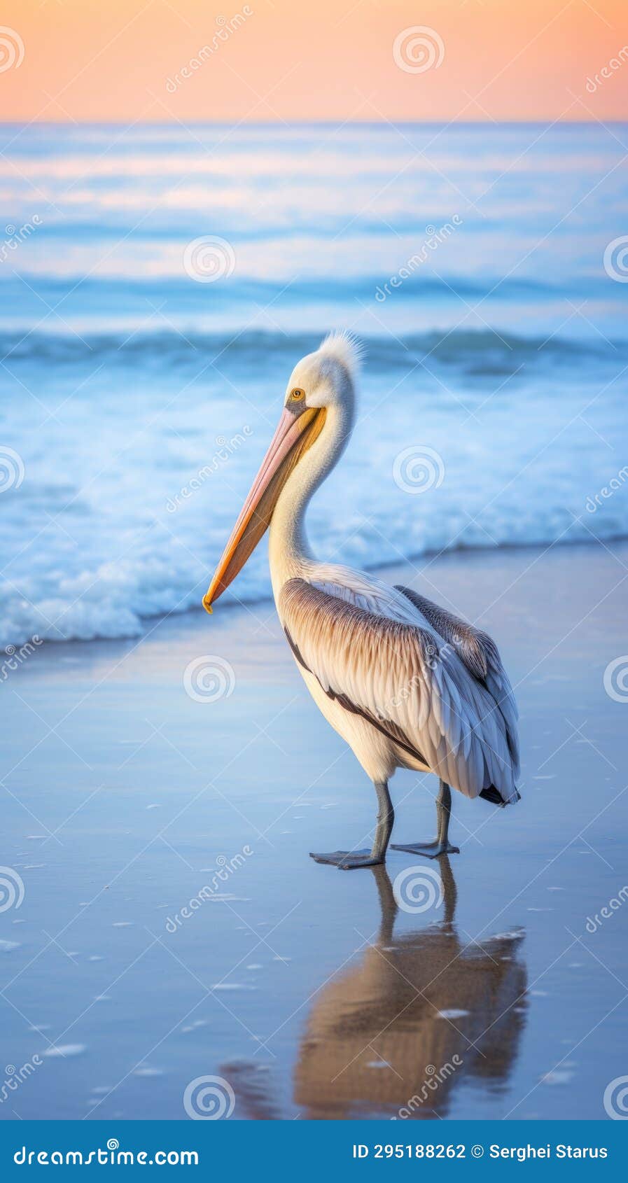 A Pelican Standing on the Beach at Sunset, AI Stock Photo - Image of ...