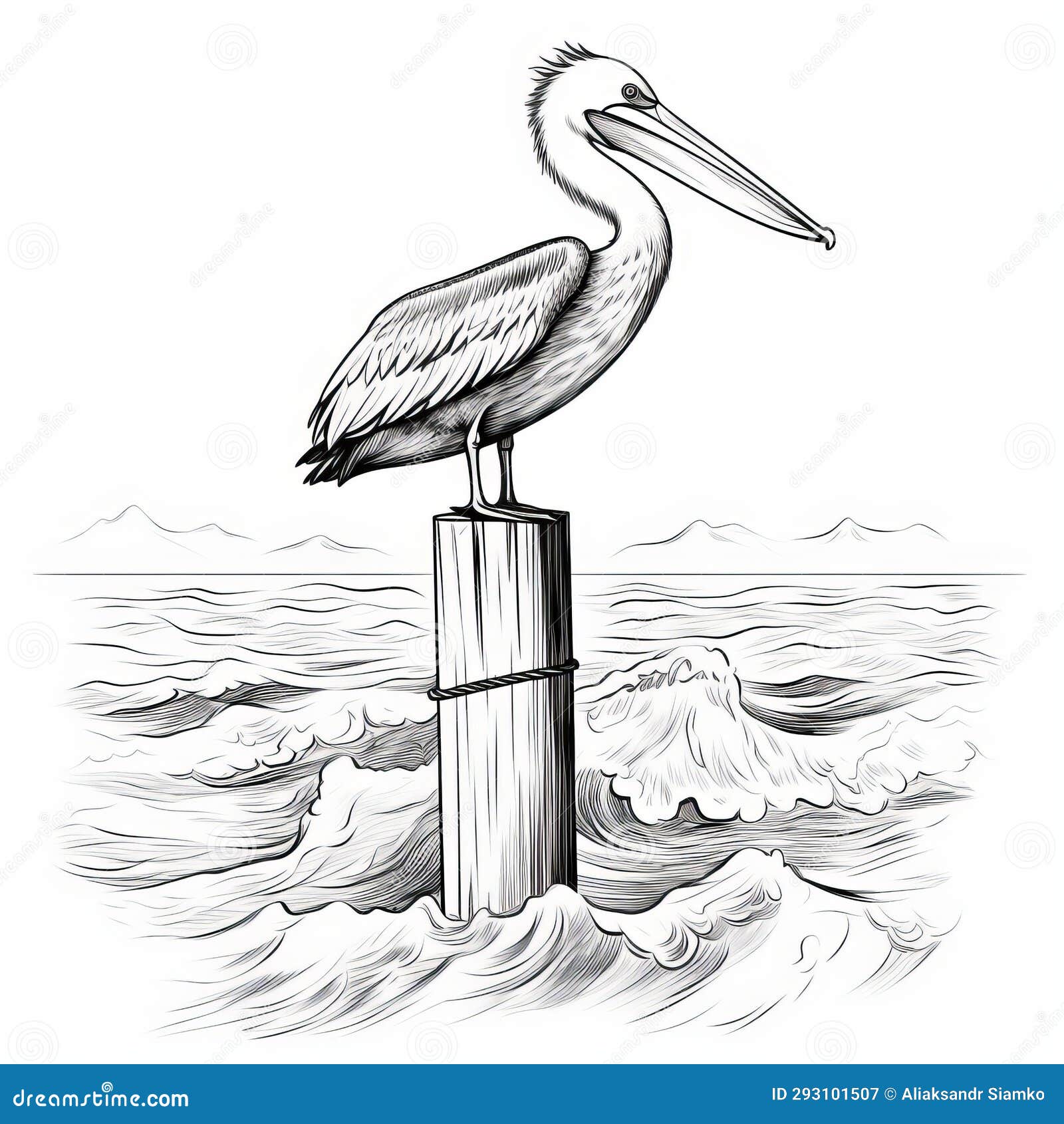 Pelican Stands on a Pylon in the Water, Line Drawing Stock Image ...