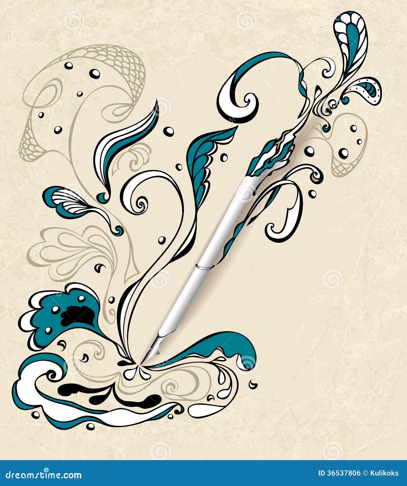 Pen with Abstract Drawing on Grunge Beige Backgrou Stock Vector ...