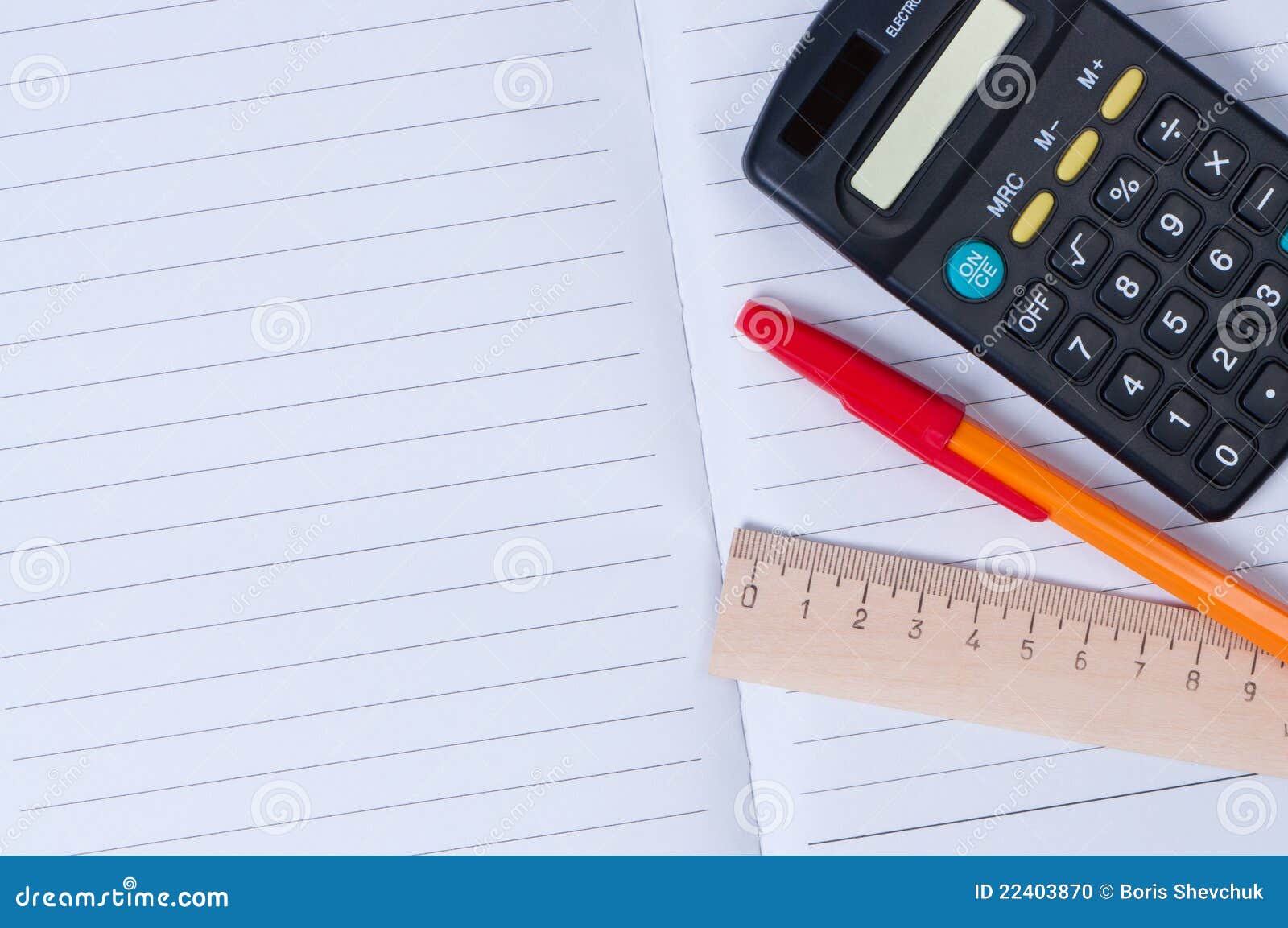 Pen, Calculator and Ruler on Notebook Stock Photo - Image of calculator ...