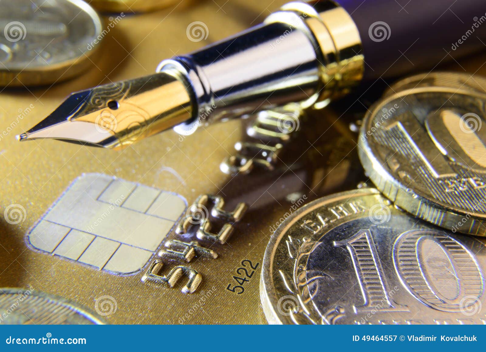 Pen and Coins on a Credit Card Close-up Stock Image - Image of business ...