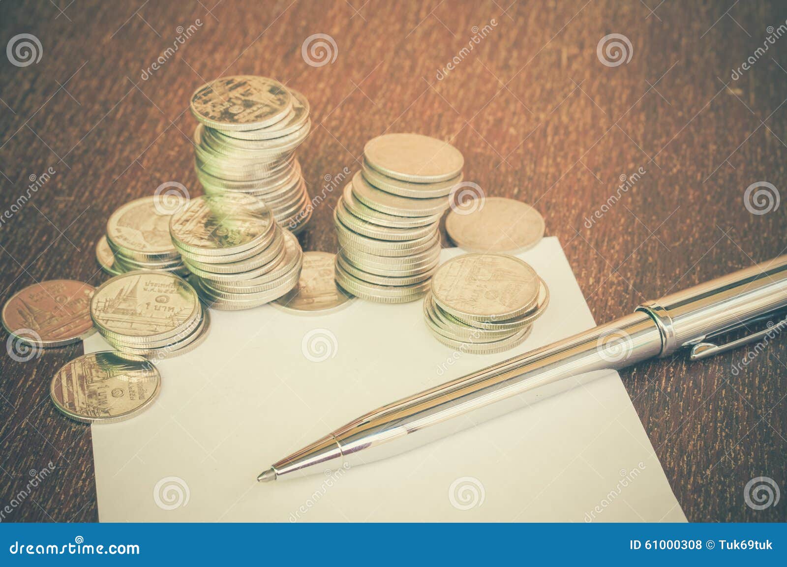 Pen and coins stock photo. Image of expenses, earnings - 61000308
