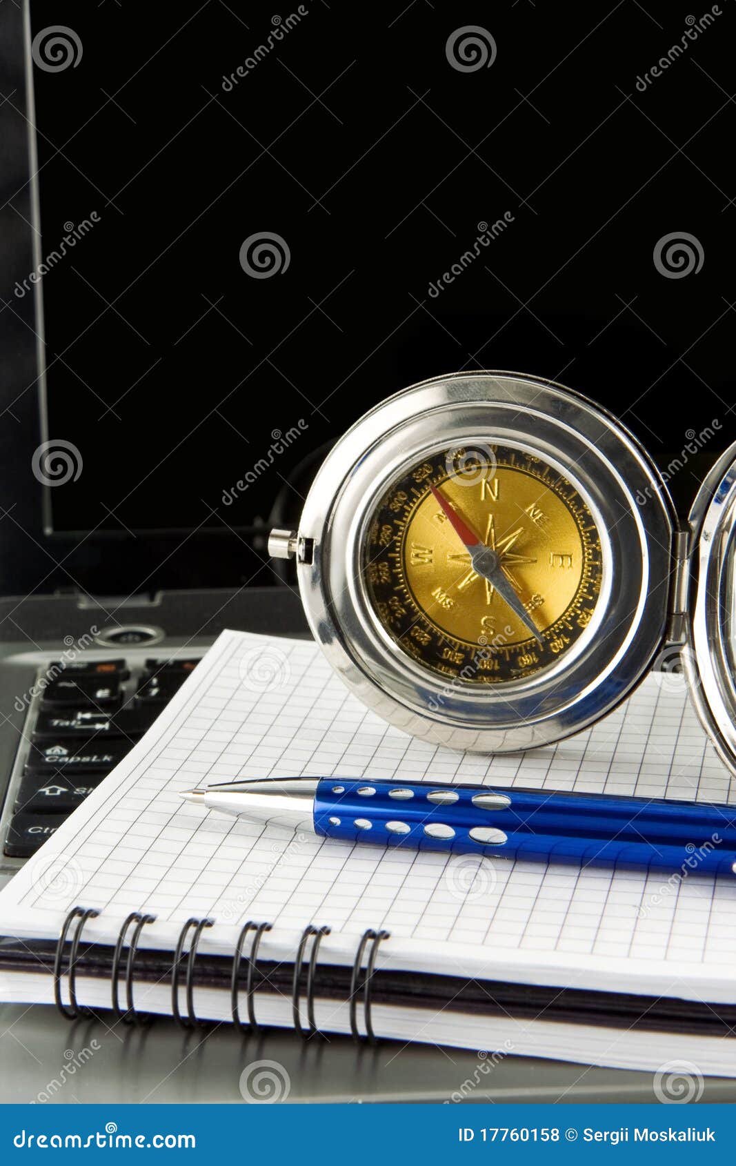 Pen and Compass on Notebook Laptop Stock Photo - Image of sheet, metal ...