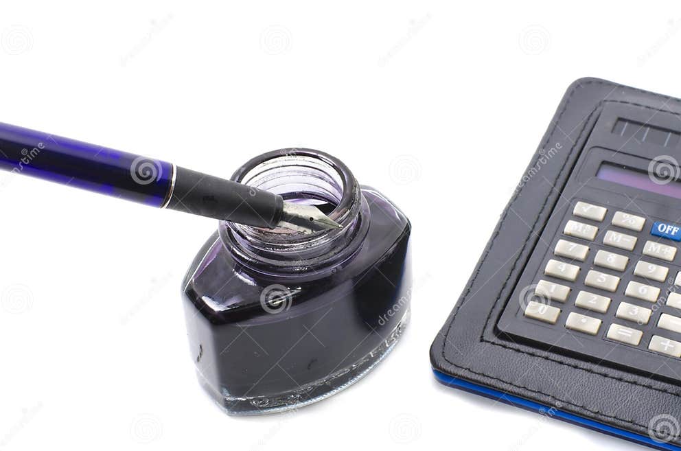 Pen Deep into Ink and Calculator Isolated Stock Image - Image of list ...