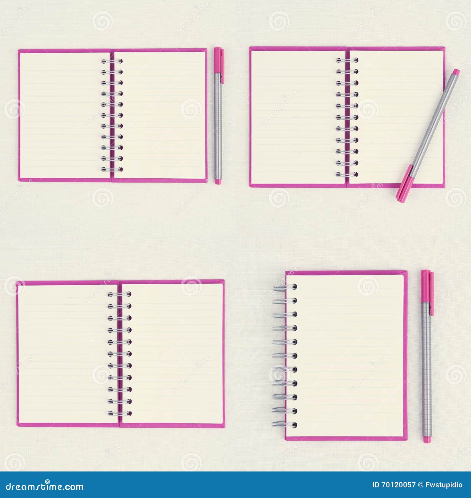 4 Pen and Face Purple Notebook on Tablecloth for Work Stock Image ...