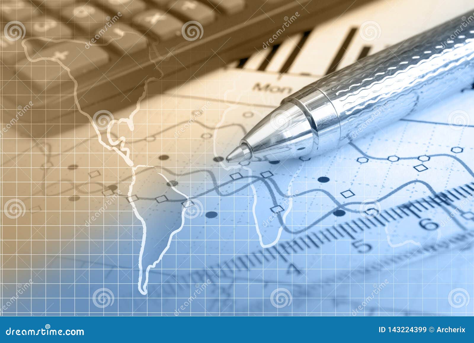 Pen, graph and map stock image. Image of communication - 143224399