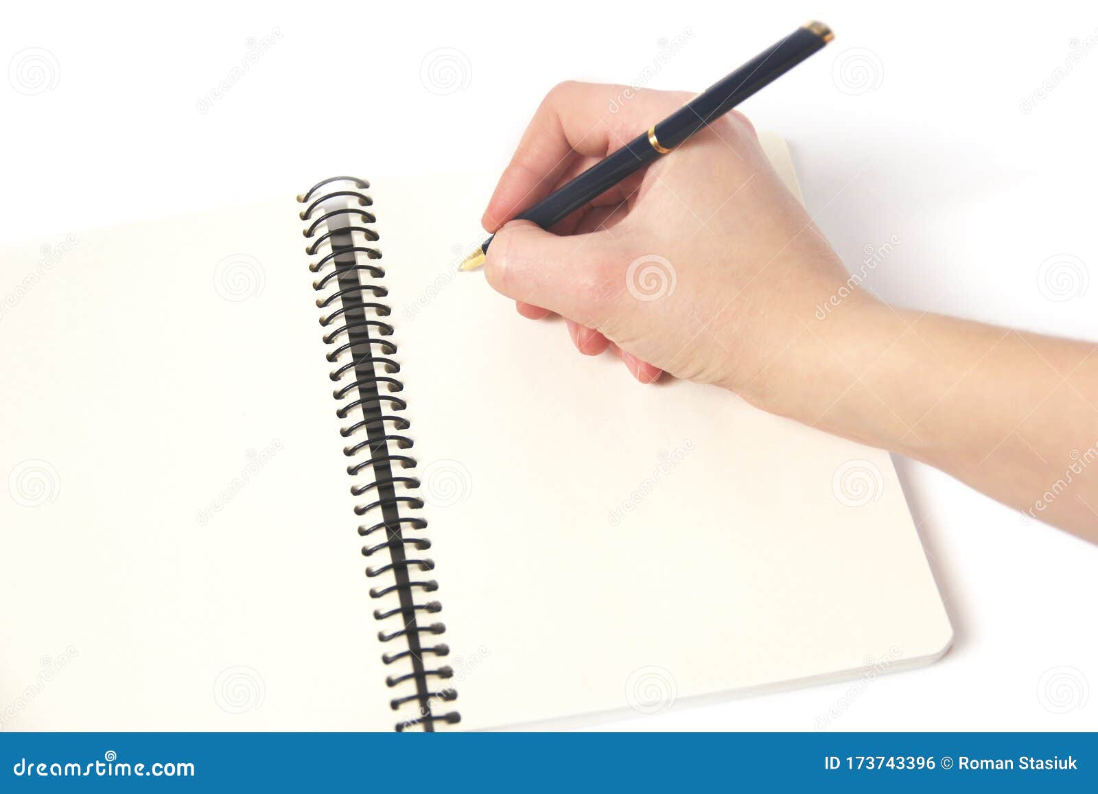 Pen in Hand and Notebook on a White Background Stock Photo - Image of ...