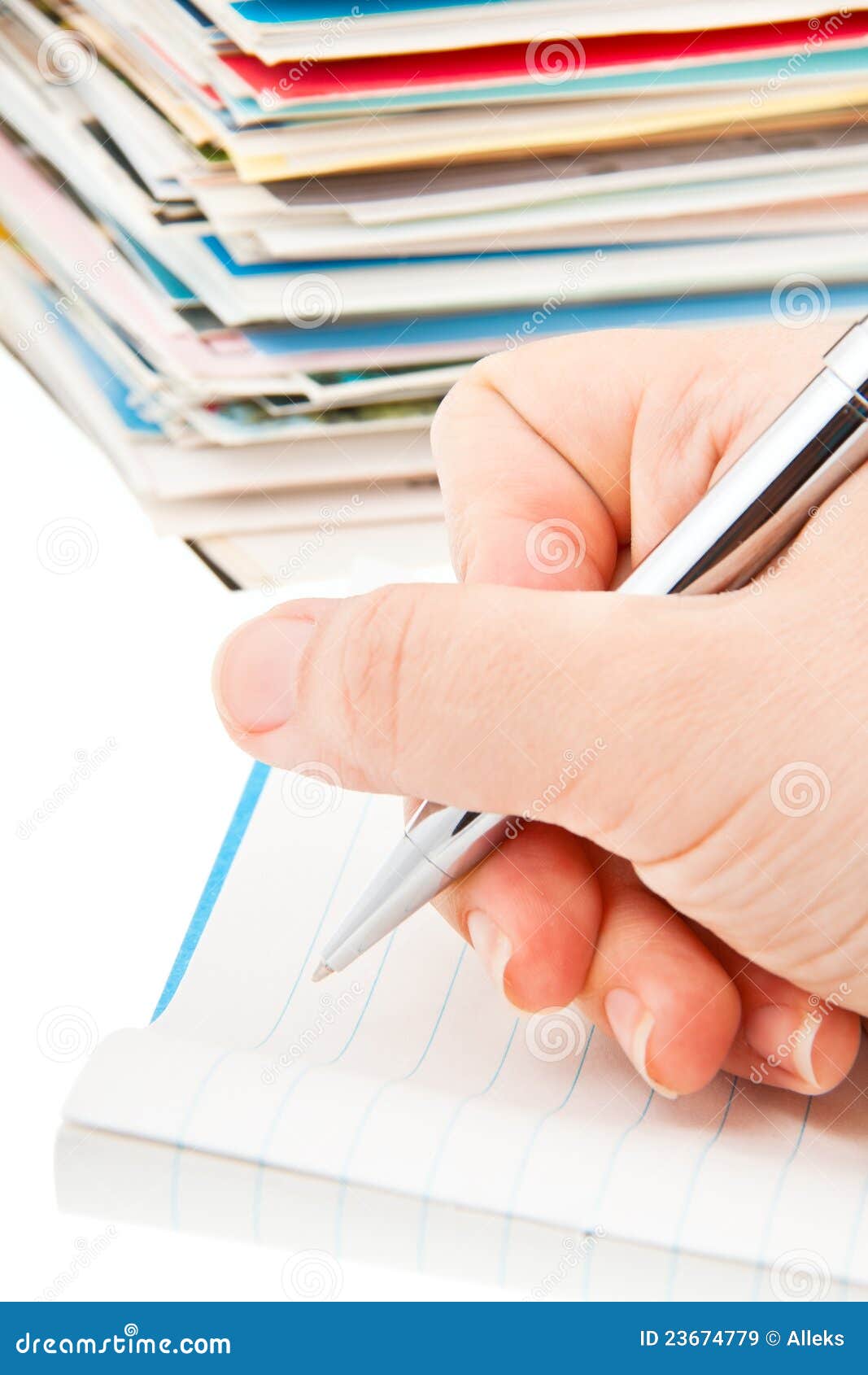 Pen in Hand Writing Post Cards. Stock Image - Image of closeup, office ...