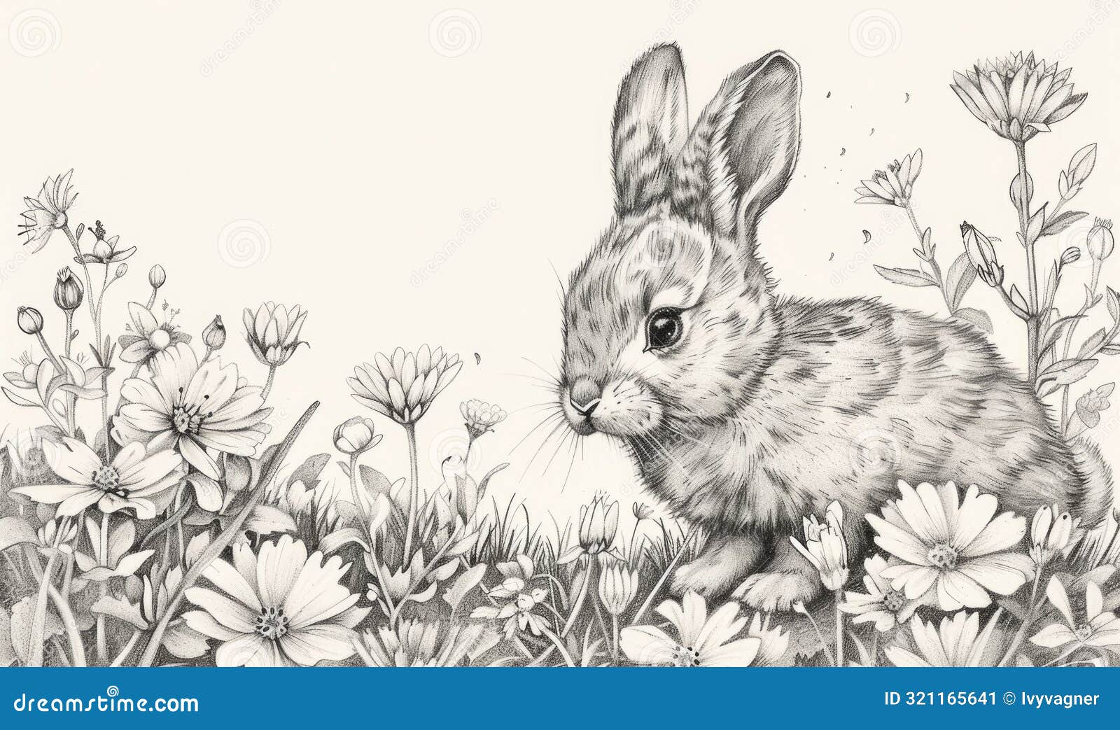 Pen and Ink Drawing of a Curious Bunny Exploring a Flower-filled Meadow ...
