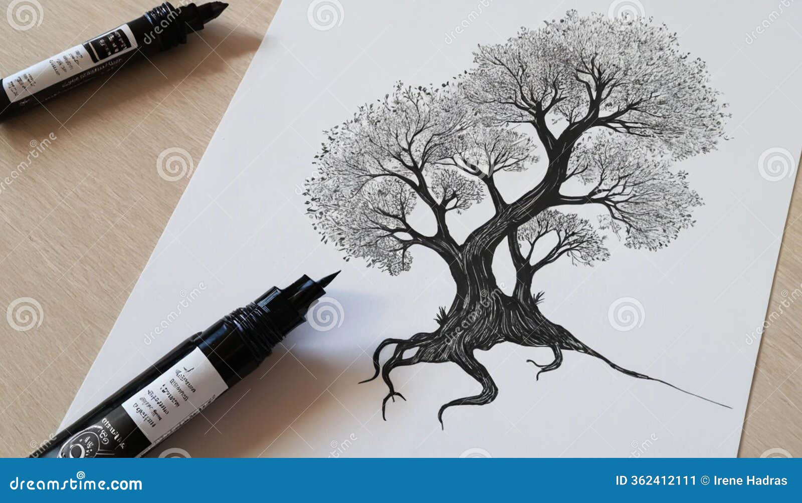 Pen and Ink Drawing of a Stylized Tree with Intricate Branches and ...