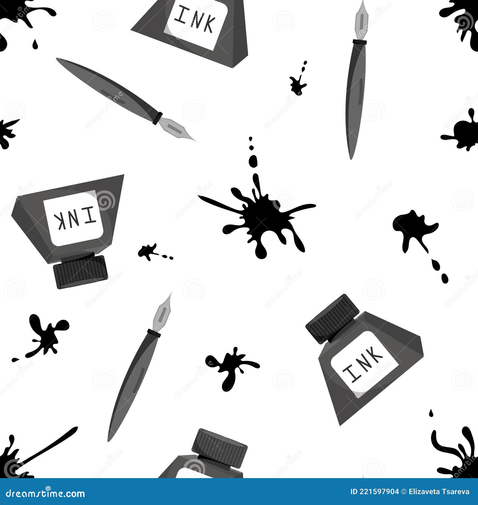Pen and Ink Set Seamless Pattern. Hand Drawn Vector. Pens and Ink ...