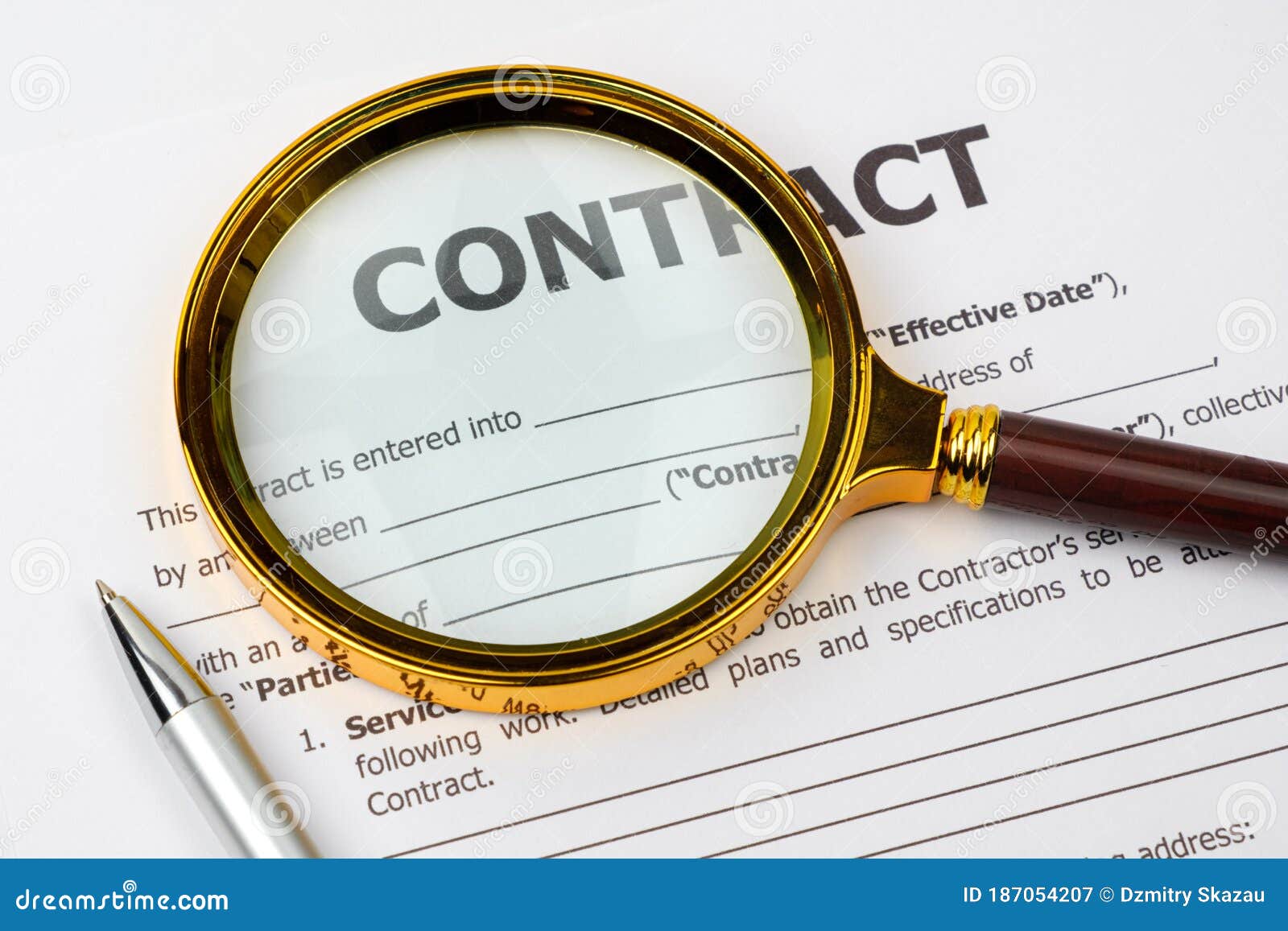 Pen, Magnifier and Contract. Profitable Business Contract Concept Stock ...