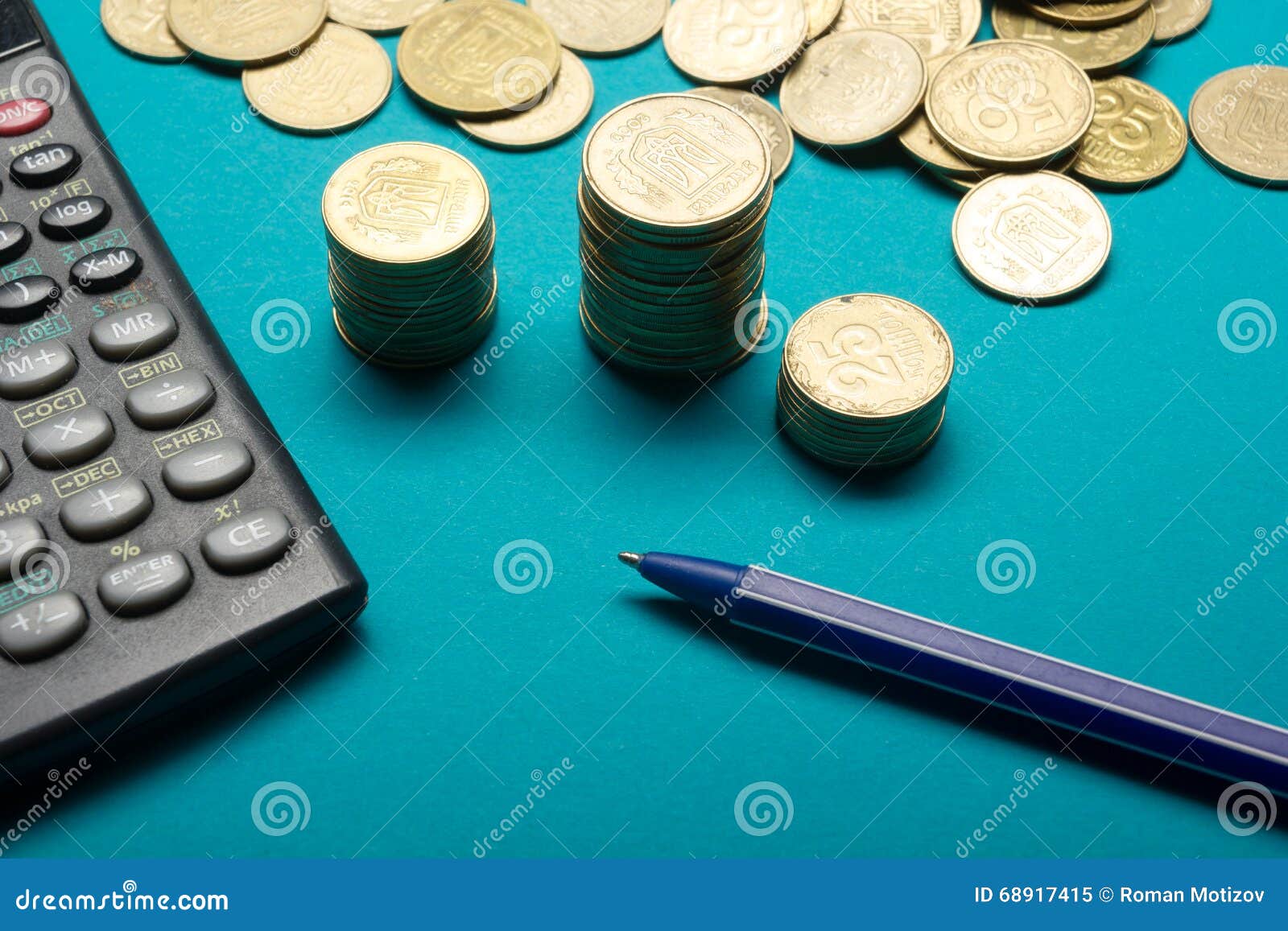 Pen, Money Coins Stack and Calculator for Finance Concept Stock Image ...