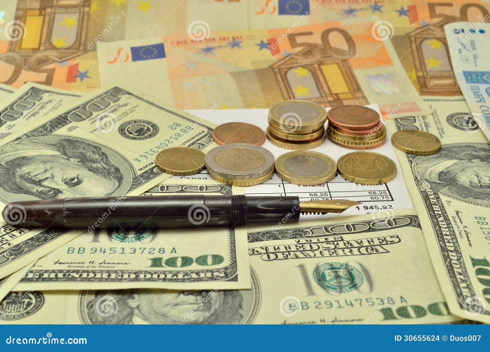 Pen, money and documents stock photo. Image of coins - 30655624