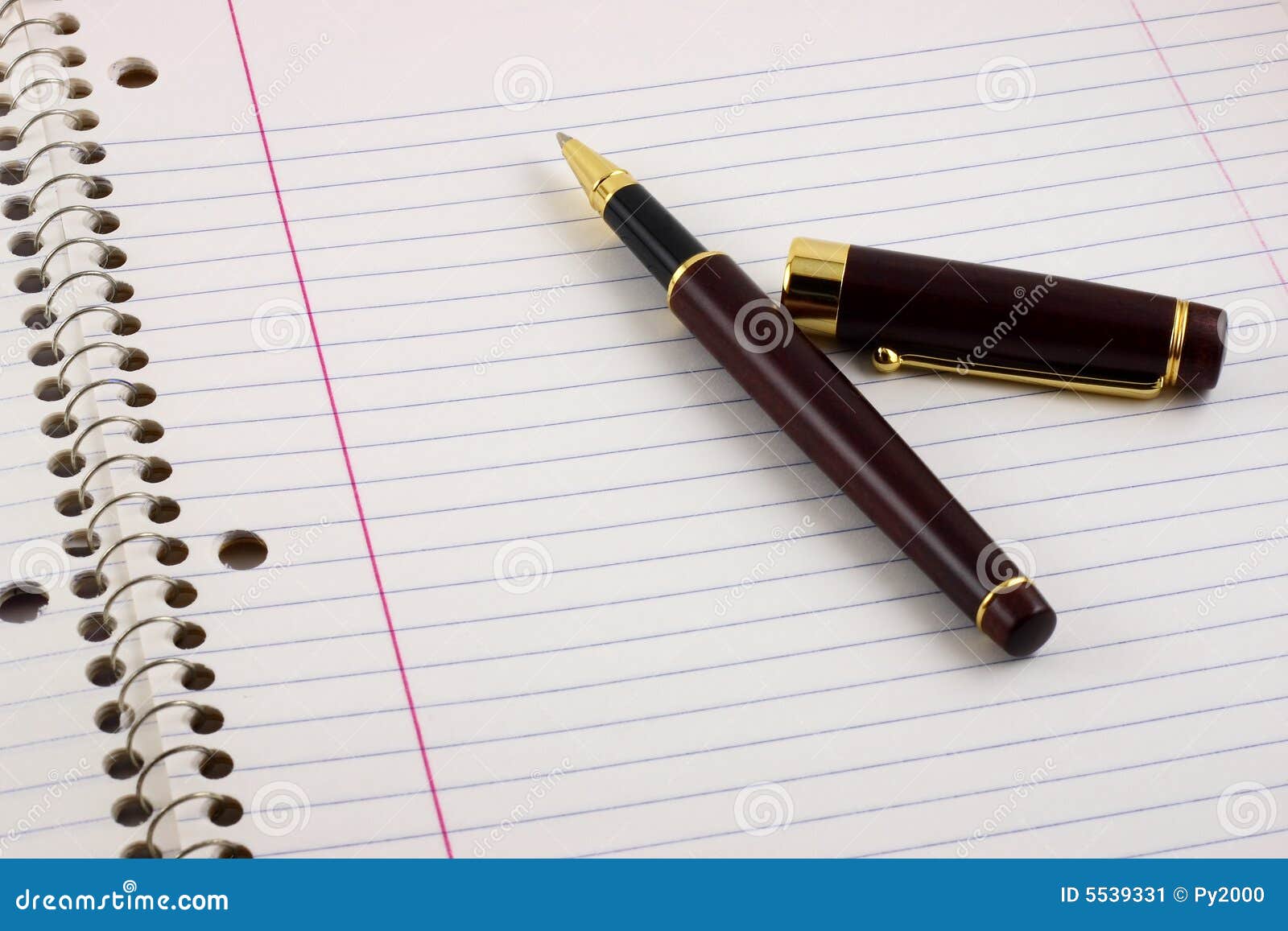 Gold and Wood Pen on Open Notebook Paper Stock Image - Image of ball ...