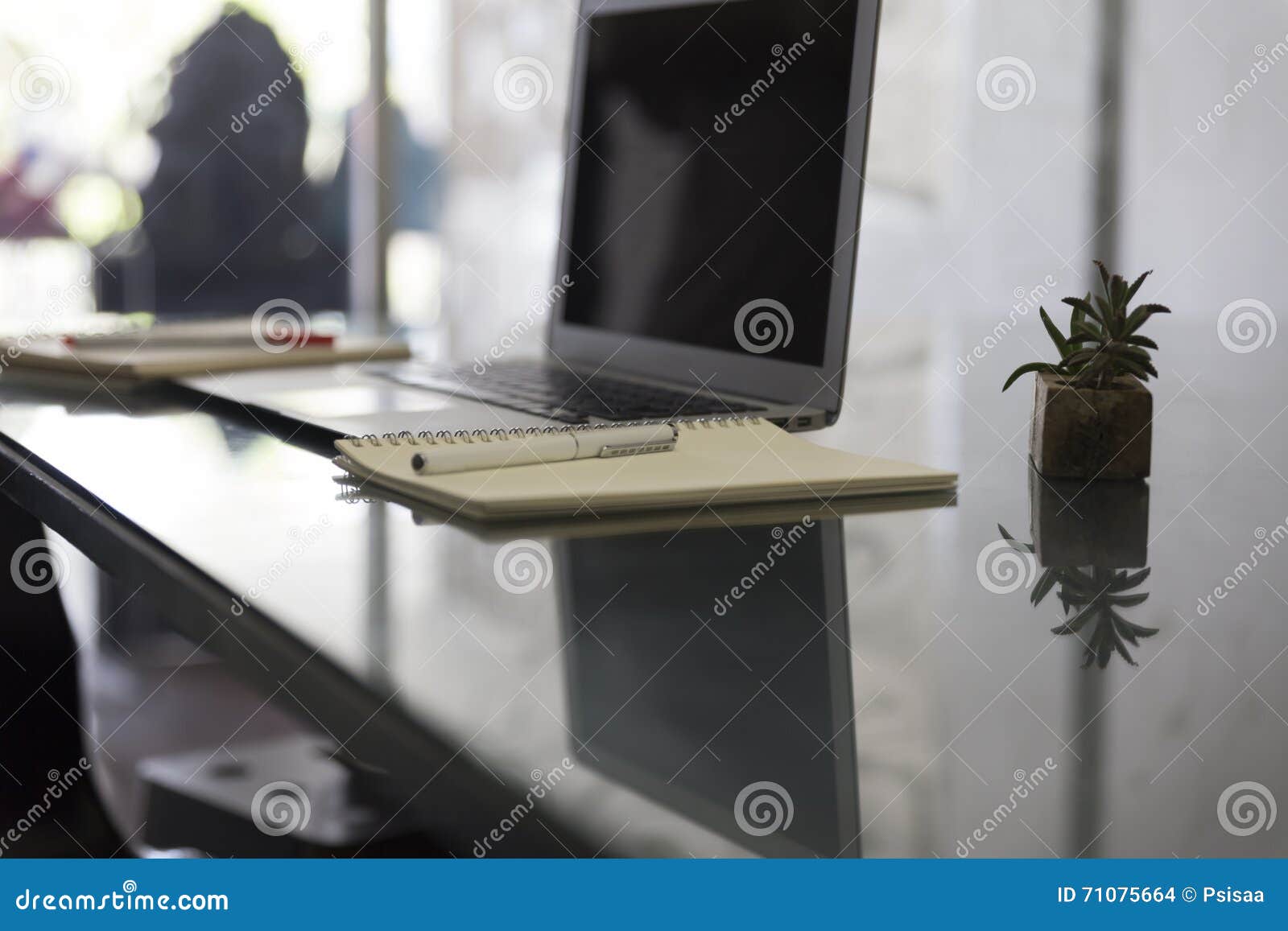 Pen, Notebook and Laptop Computer on Black Table Stock Photo - Image of ...