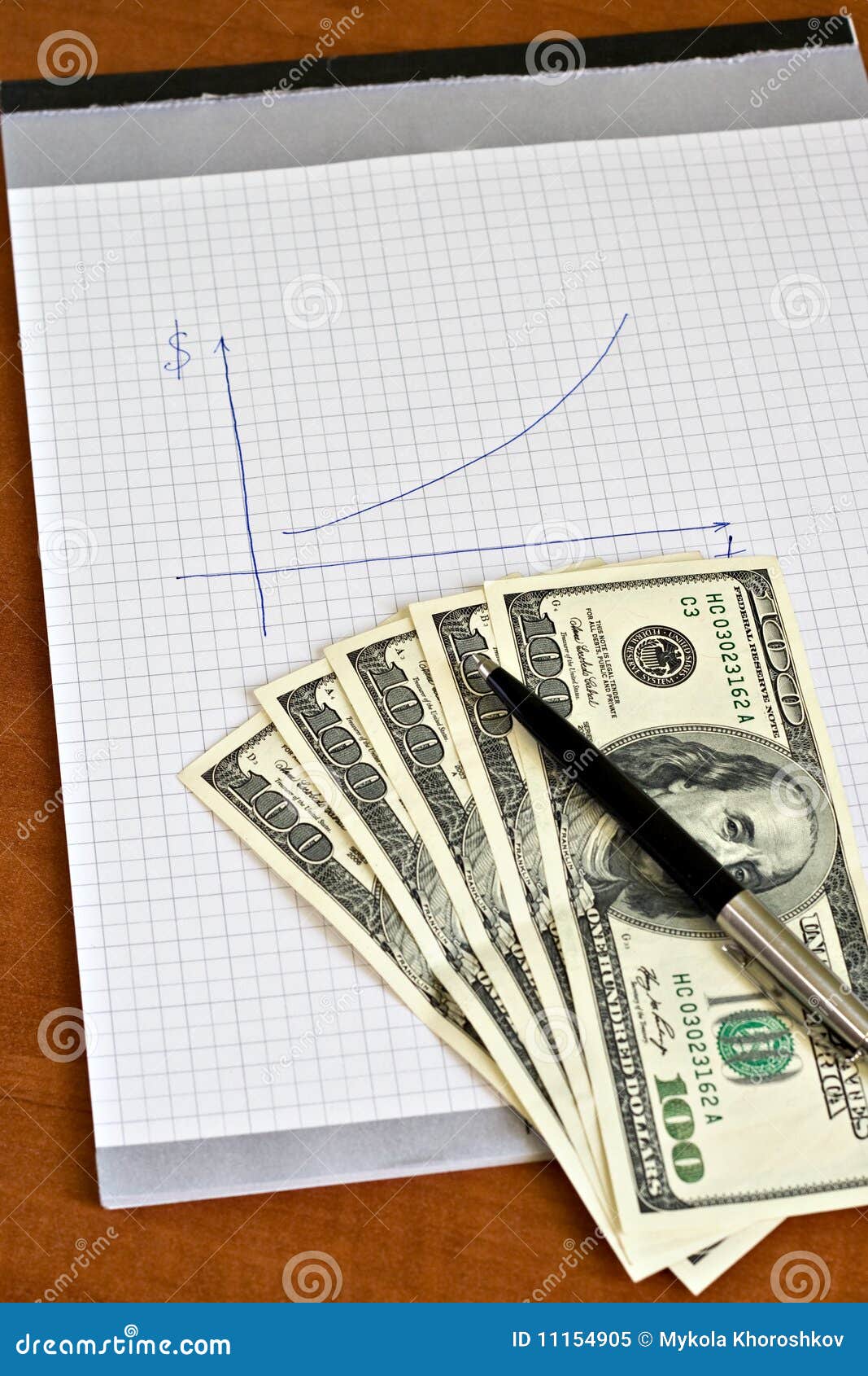 Pen and notepad with money stock image. Image of dollar - 11154905
